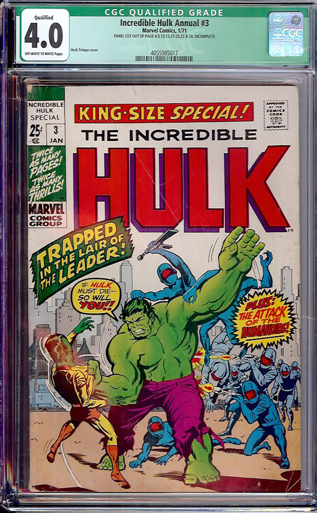 Incredible Hulk Annual #3 CGC 4.0 ow/w // Auction // Pedigree Comics