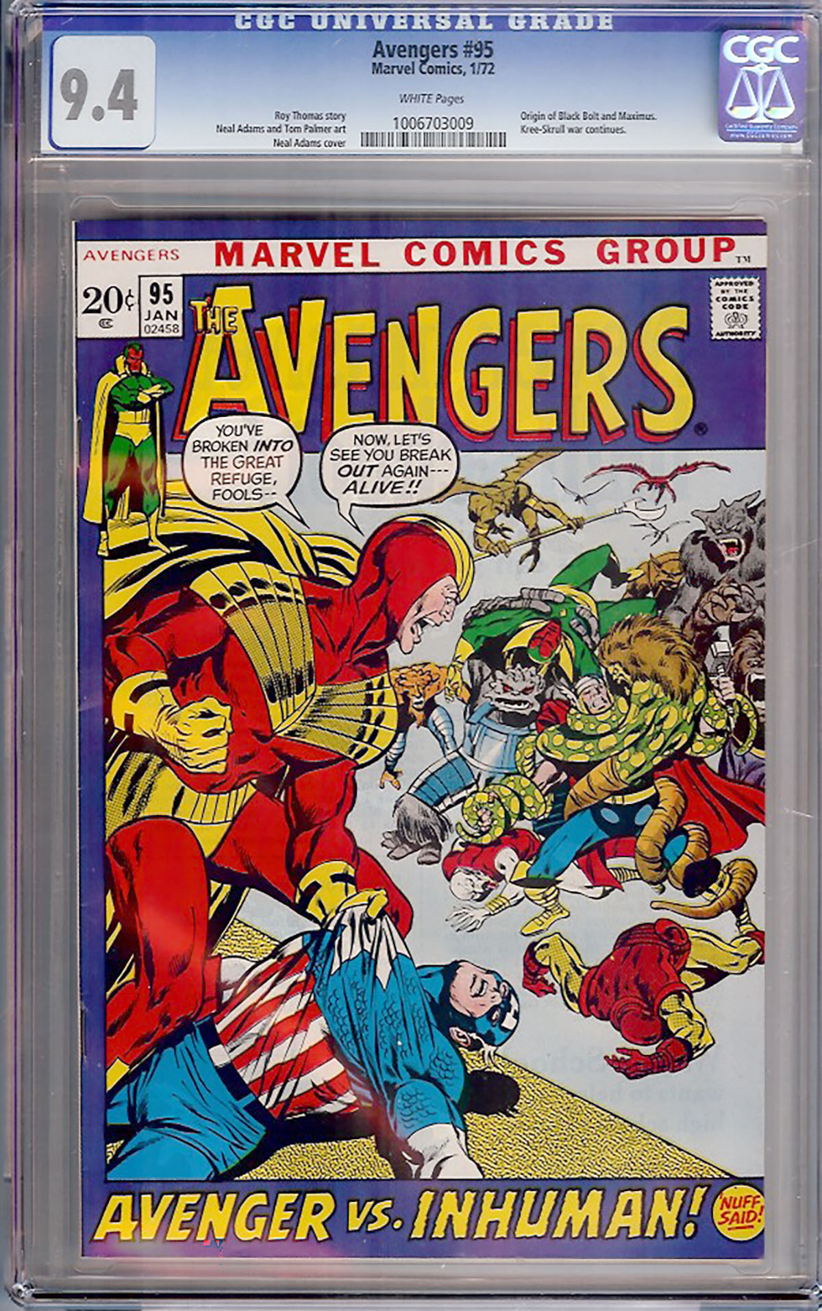 Avengers #95 CGC 9.4 w // Auction // Pedigree Comics